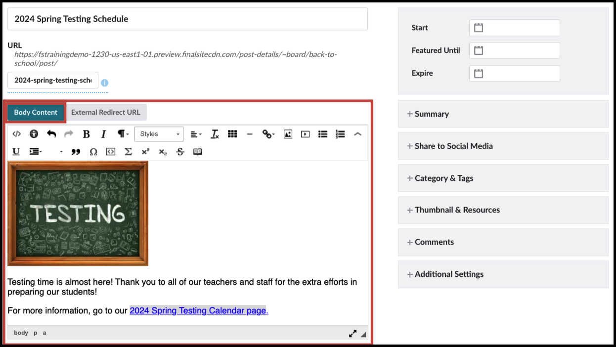 Create and publish a post – Finalsite Support