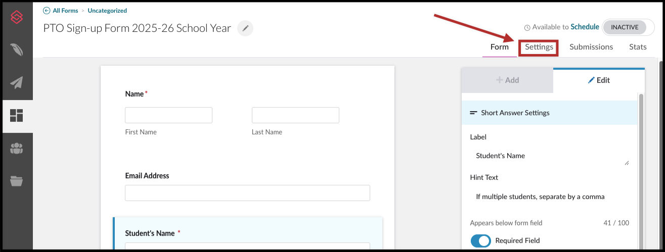 Configure an individual form's Settings tab – Finalsite Support