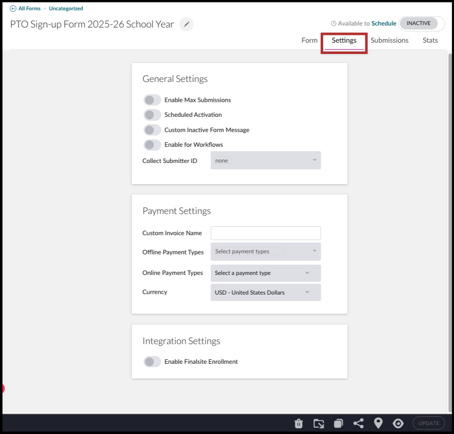 Configure an individual form's Settings tab – Finalsite Support